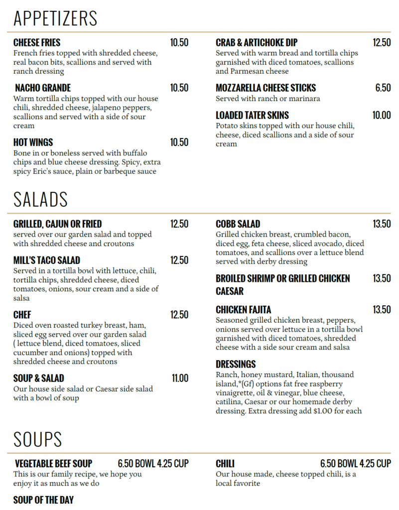 Our Menu – Main Street Mill