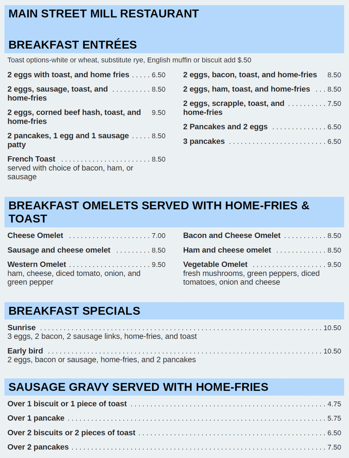Our Menu – Main Street Mill