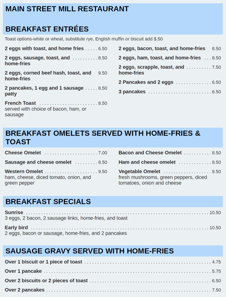 Our Menu – Main Street Mill